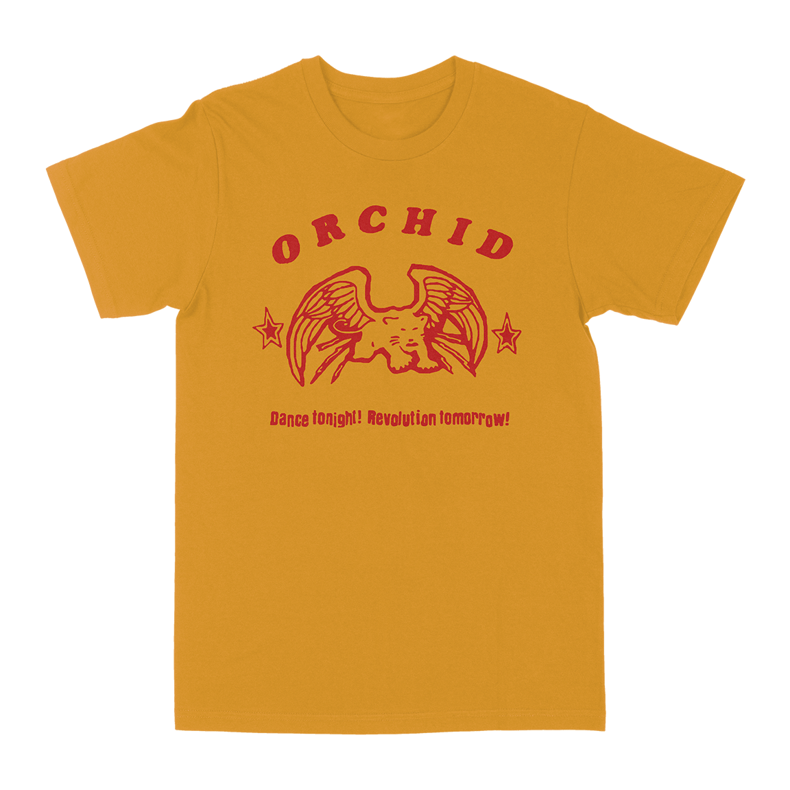 Orchid "Dance Tonight! Revolution Tomorrow!" Gold T-Shirt - Deathwish Inc